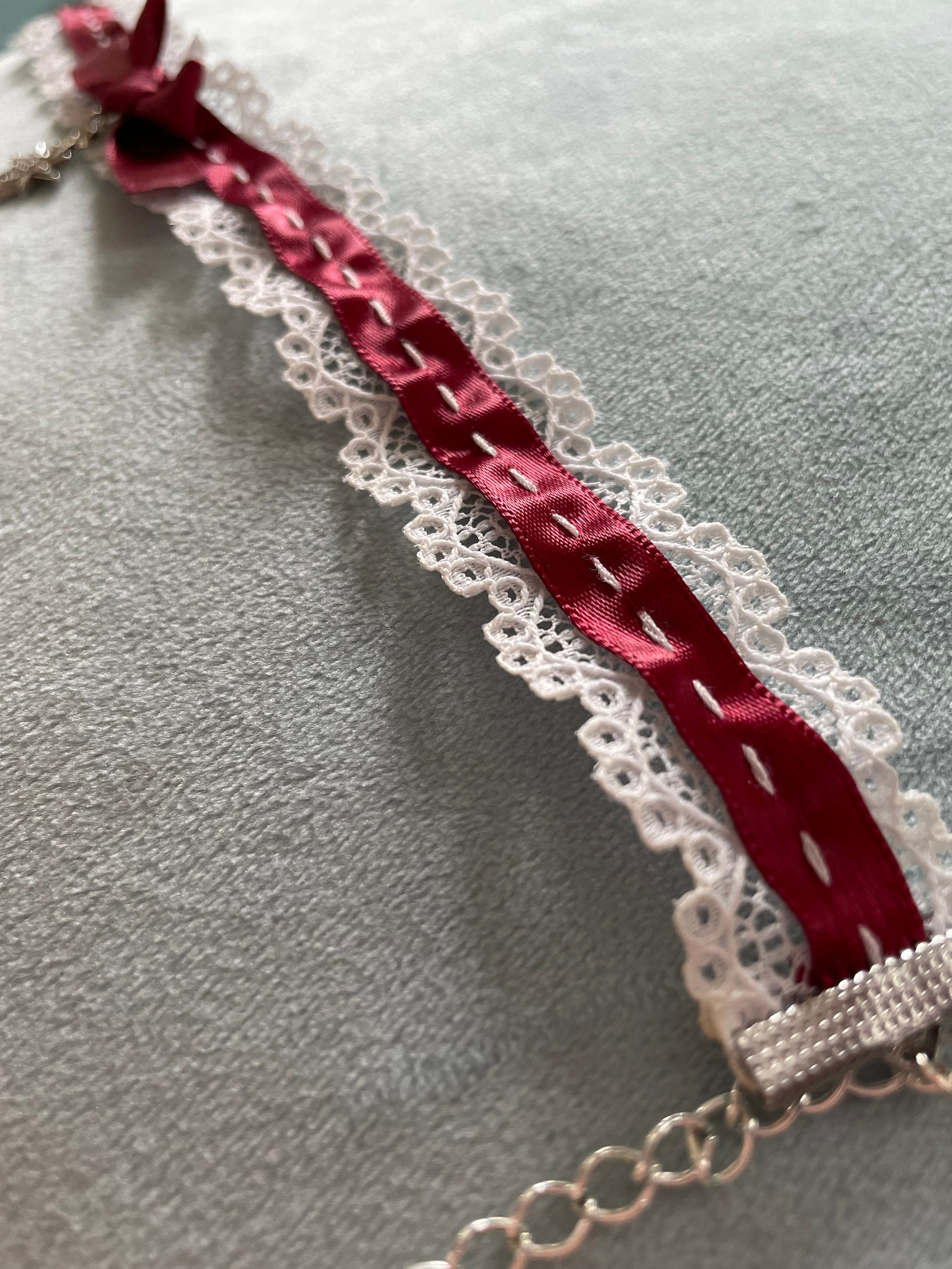 Sparking Star Choker With Deep Red Ribbon and White Lace and Hand Sewn ...