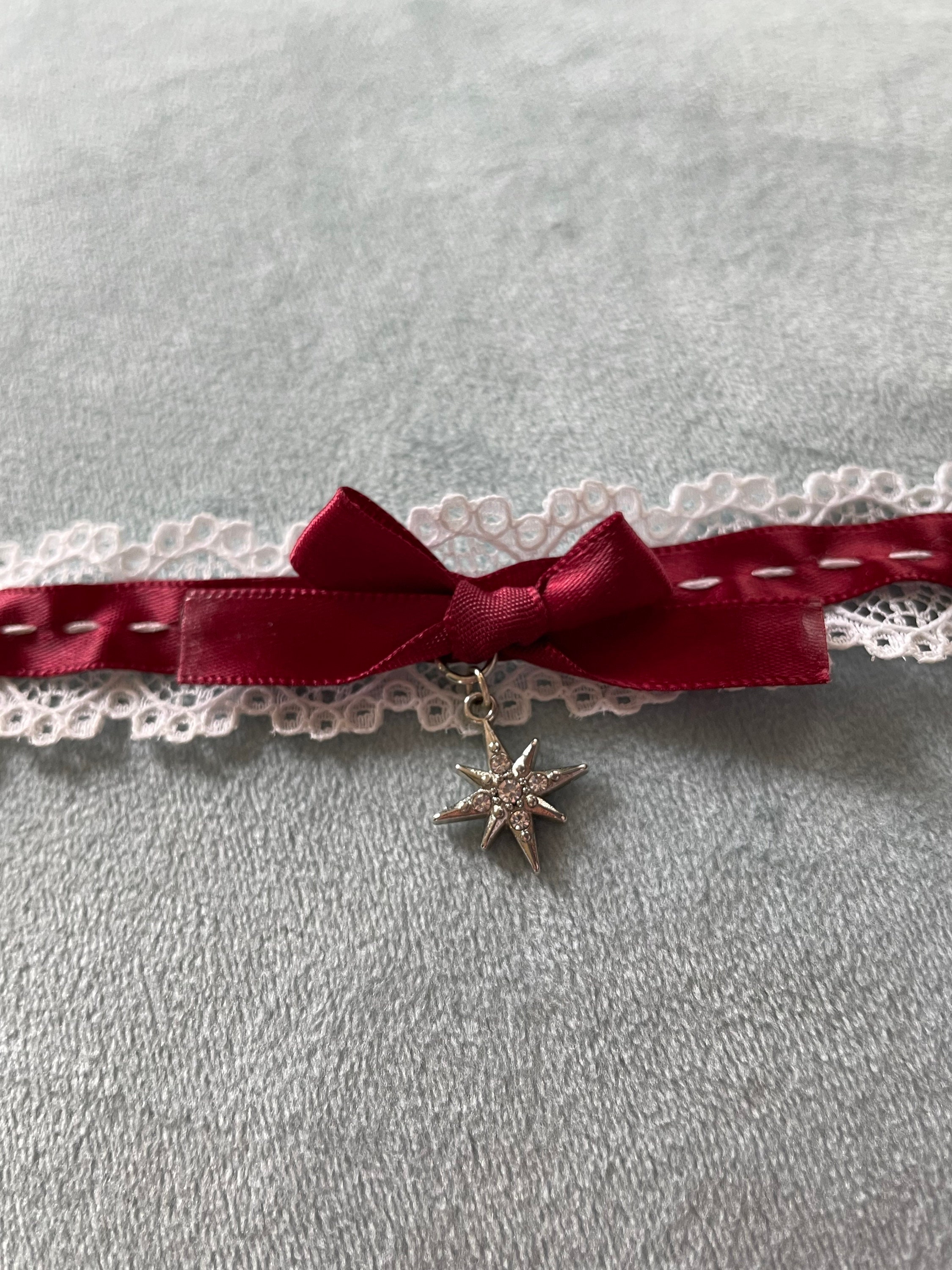 Sparking Star Choker With Deep Red Ribbon and White Lace and Hand Sewn ...