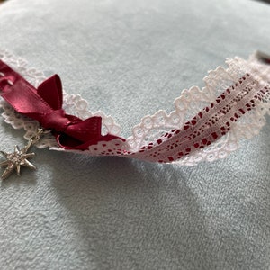 Sparking Star Choker With Deep Red Ribbon and White Lace and Hand Sewn ...