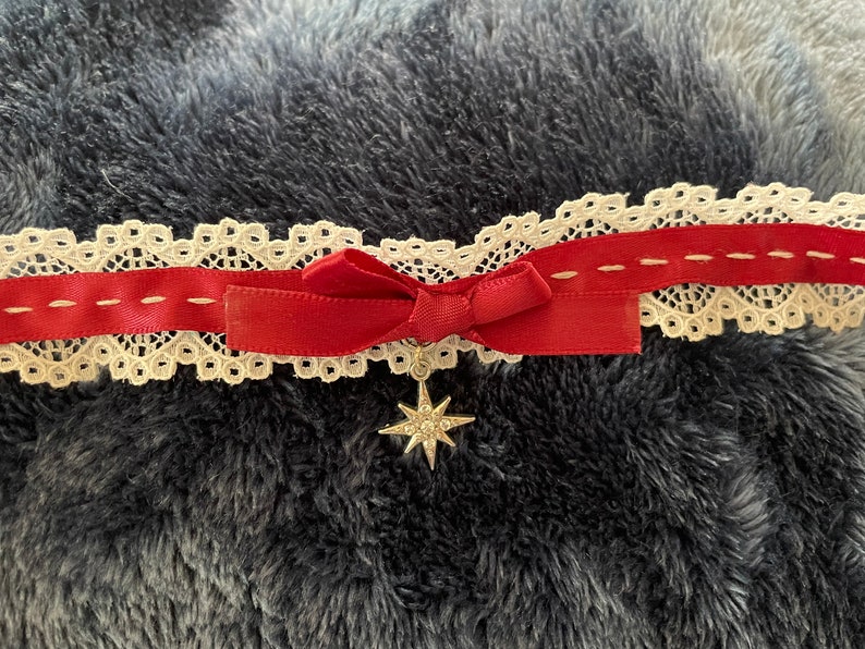 Sparking Star Choker With Deep Red Ribbon and White Lace and Hand Sewn ...