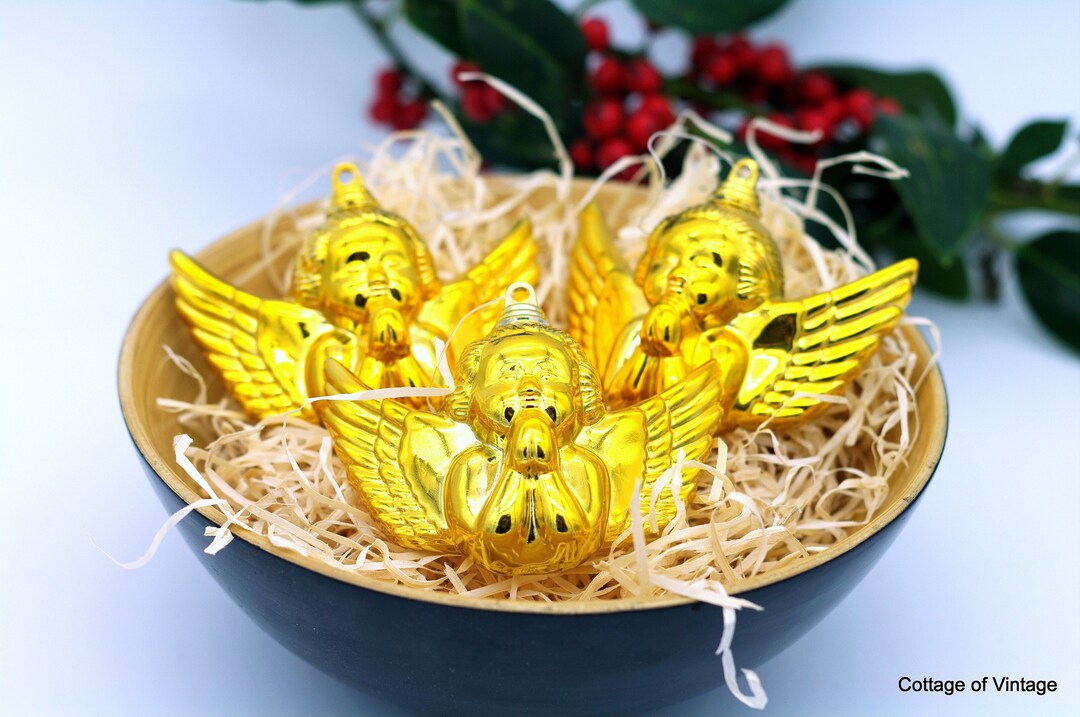 Three Gold Cherub Angels Christmas Tree Ornaments, Gold Shatterproof ...