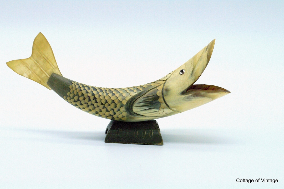 Vintage Hand-carved Cow Horn Fish Sculpture, Quirky and Whimsical Mid ...