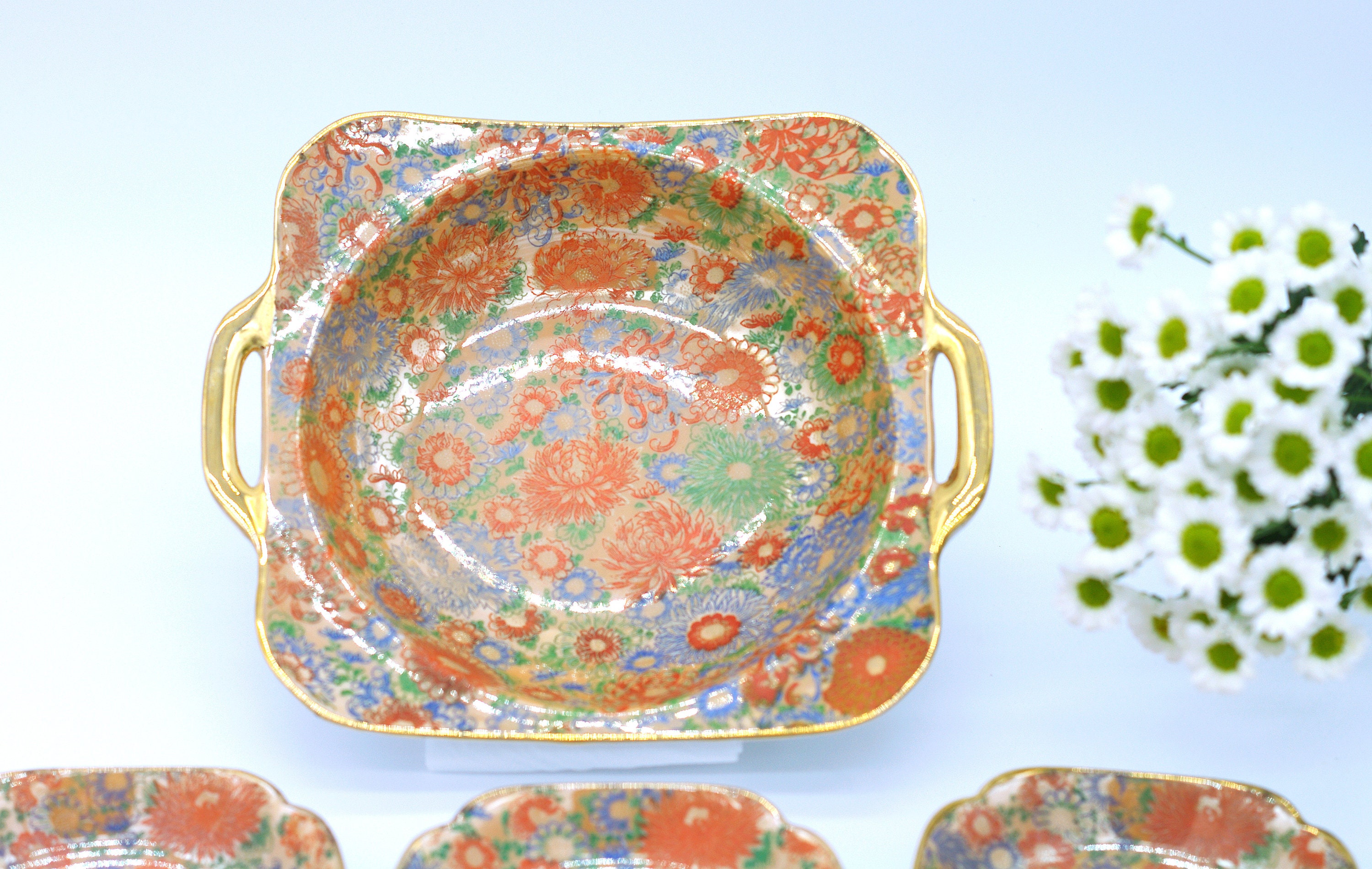 Rare Japanese Lusterware Porcelain Dessert Bowl Set, Warm Peach Tone ...