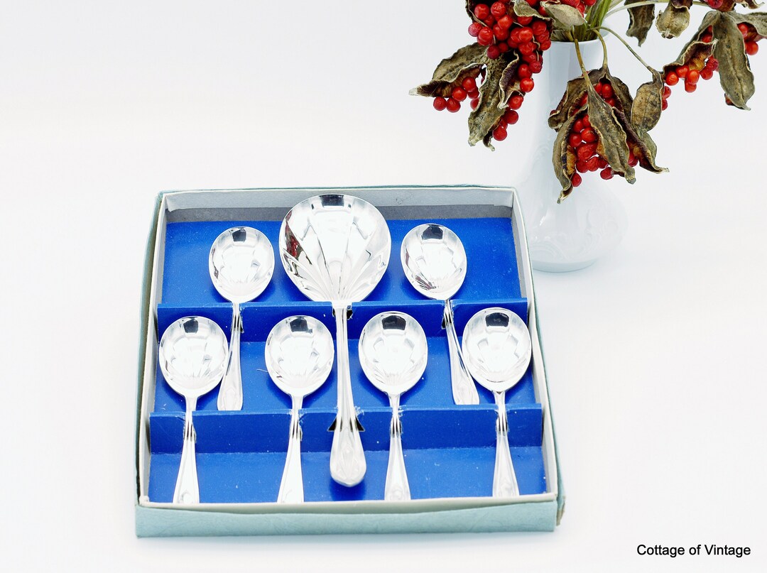 Silver Plated Art Deco 7-piece Fruit Spoon Set With Clamshell Shaped ...