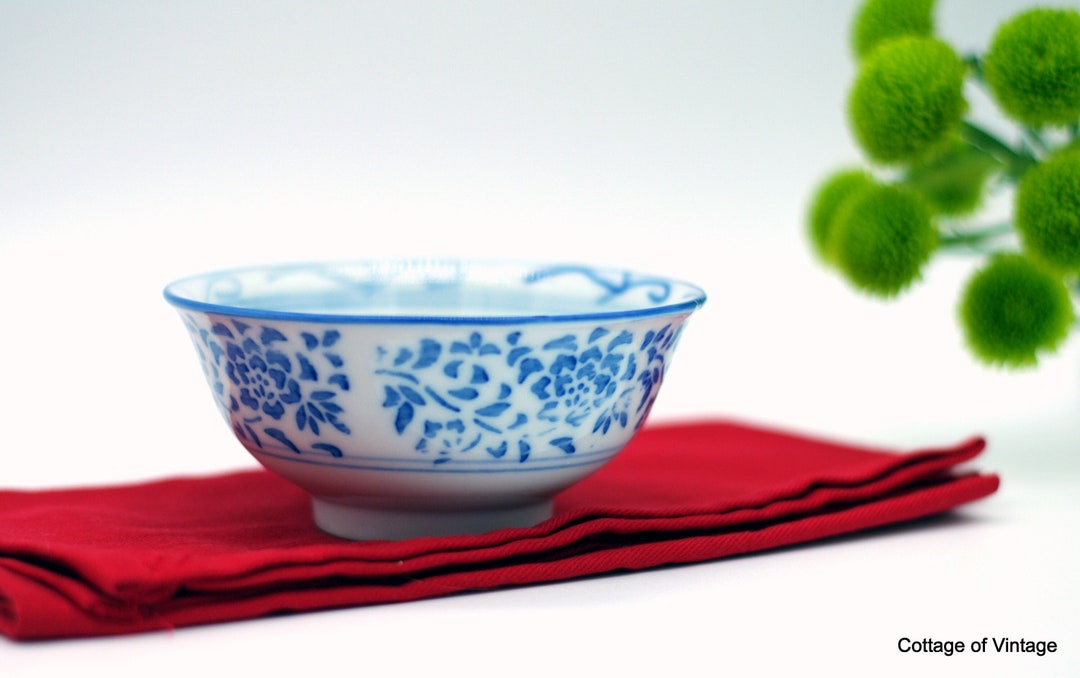 Vintage Chinese Porcelain Rice Bowl With Cobalt Blue Decoration ...
