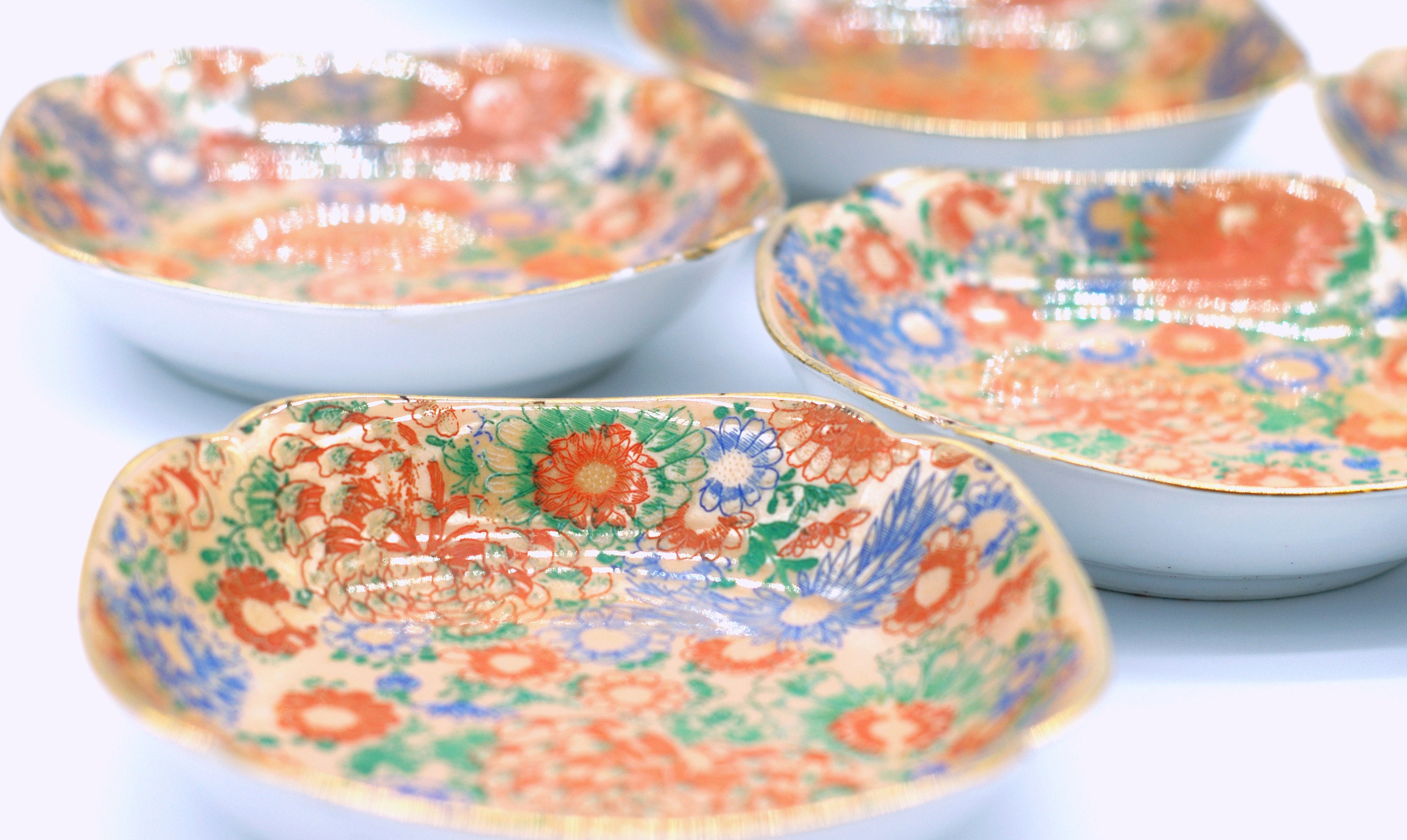 Rare Japanese Lusterware Porcelain Dessert Bowl Set, Warm Peach Tone ...