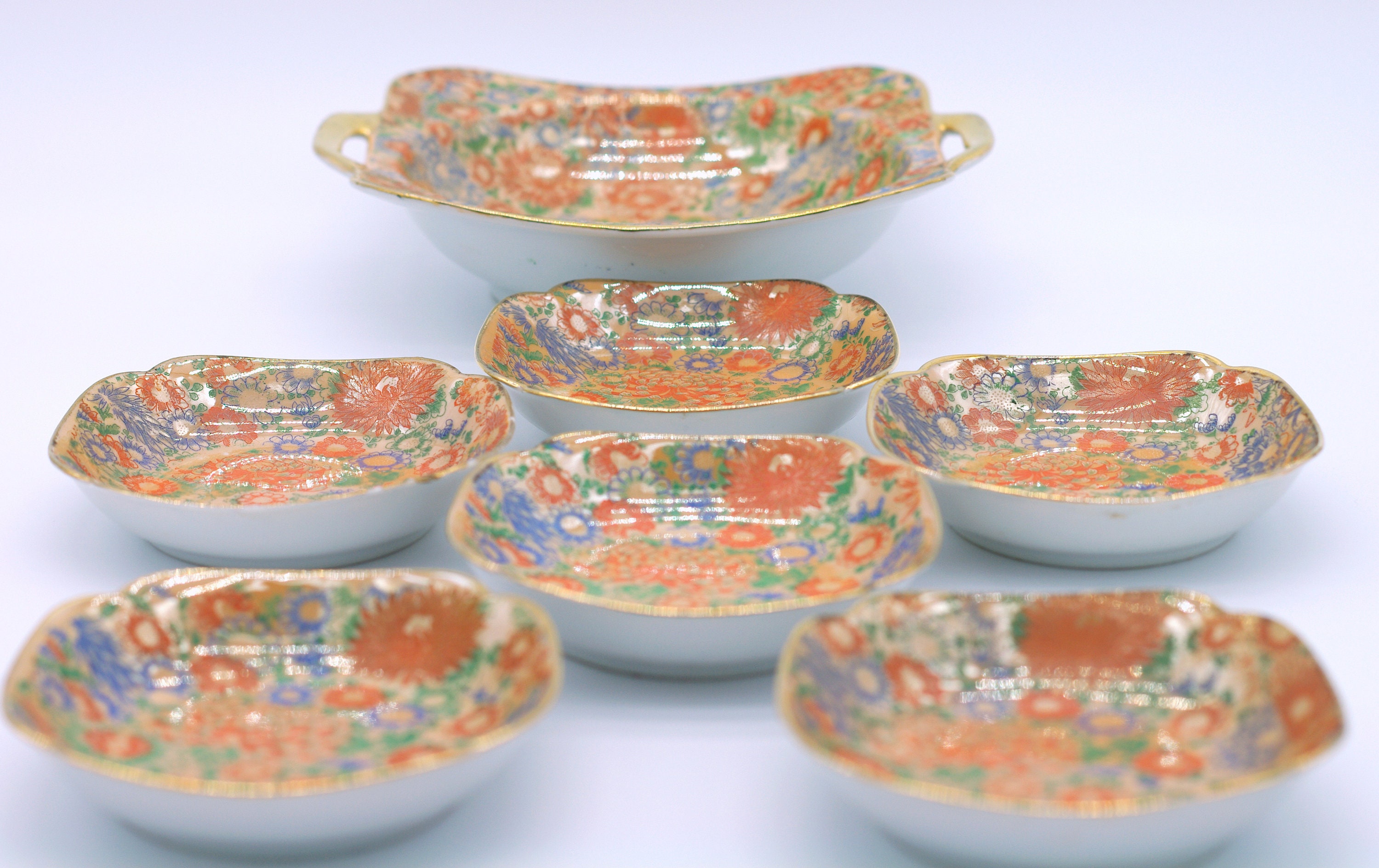 Rare Japanese Lusterware Porcelain Dessert Bowl Set, Warm Peach Tone ...