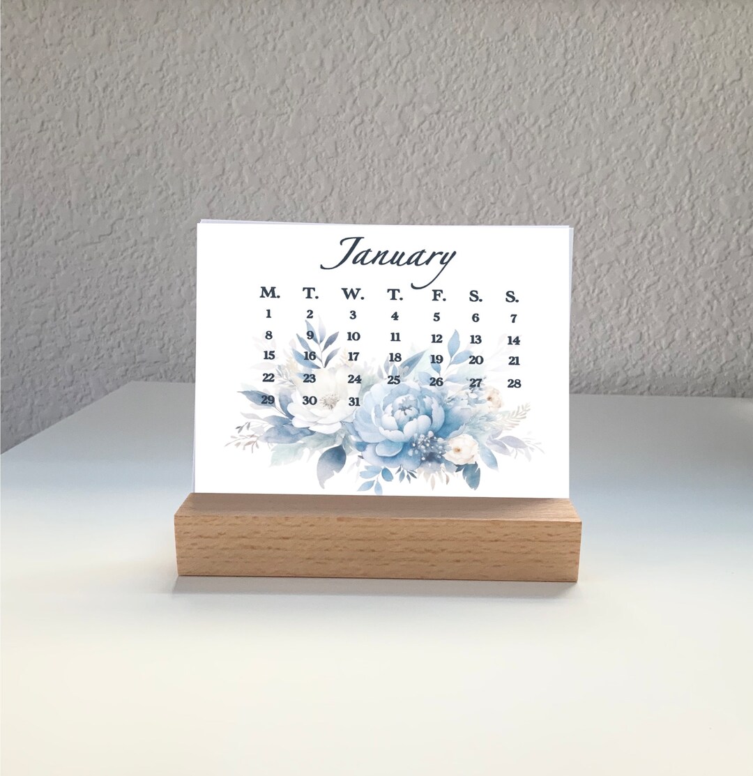 2024 Desk Calendar With Wooden Stand, Personalized Desk Calendar Blue ...