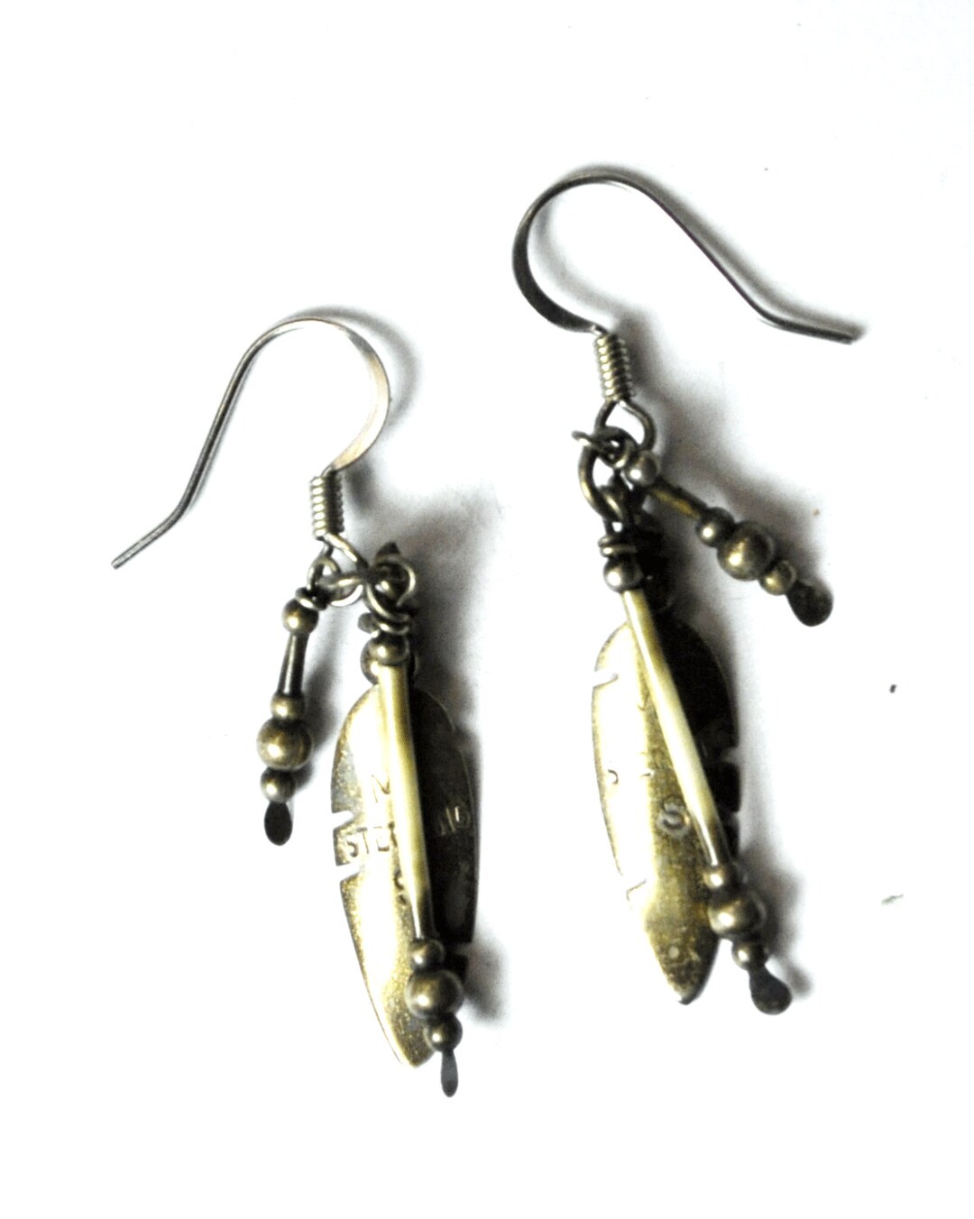 Sterling Silver Signed MS Feather Bead Dangle Earrings Hook 1 5/8" X ...