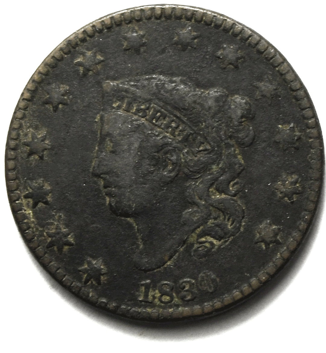 1830 1c Coronet Head Large Cent One Penny US Philadelphia Medium Letter ...