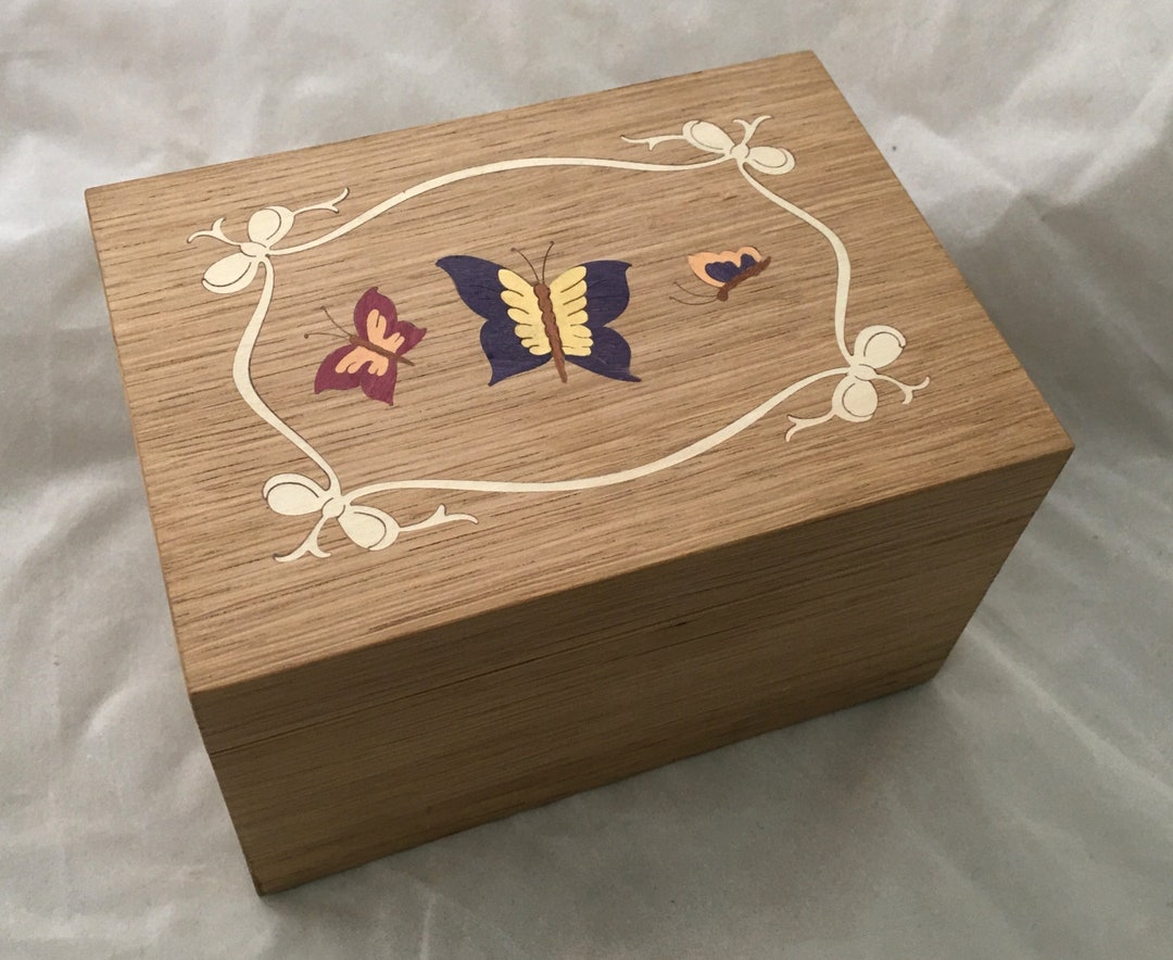 Inlaid Marquetry Butterfly Musical Jewelry Box, Hand Made Oak Wood ...
