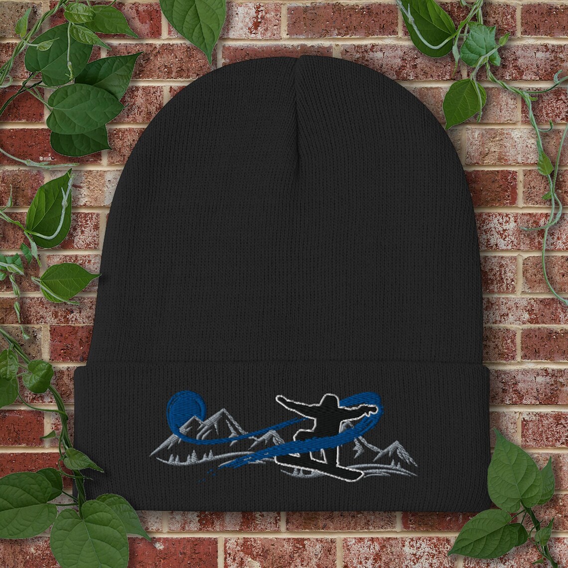 Snowboard Beanie Embroidered Original Art Mountain and Snowboard Hat ...