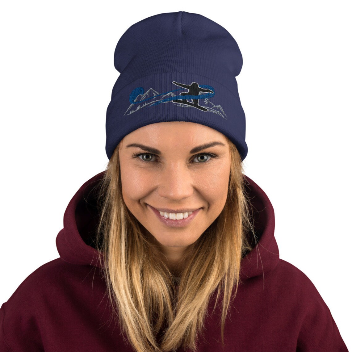 Snowboard Beanie Embroidered Original Art Mountain and Snowboard Hat ...