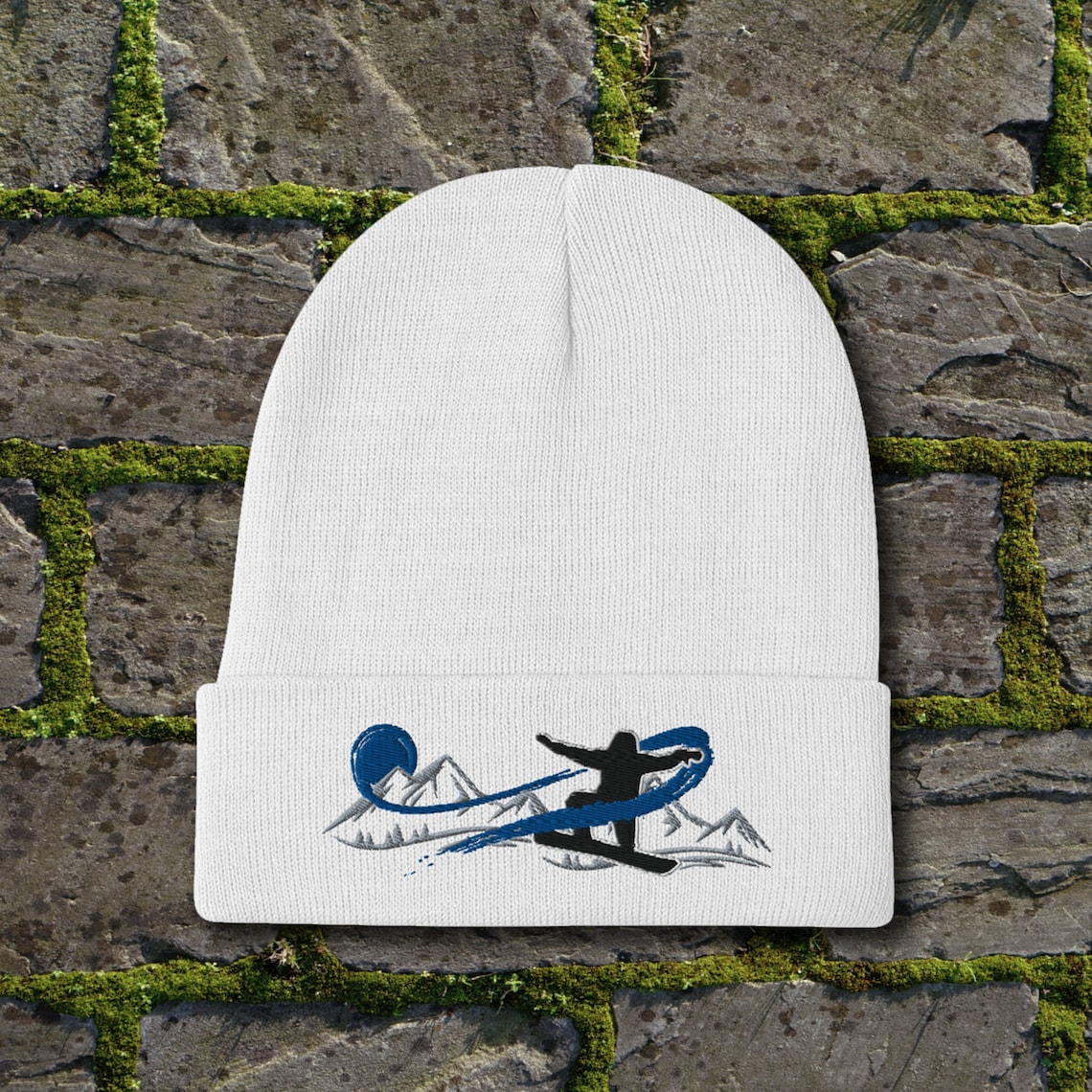 Snowboard Beanie Embroidered Original Art Mountain and Snowboard Hat ...