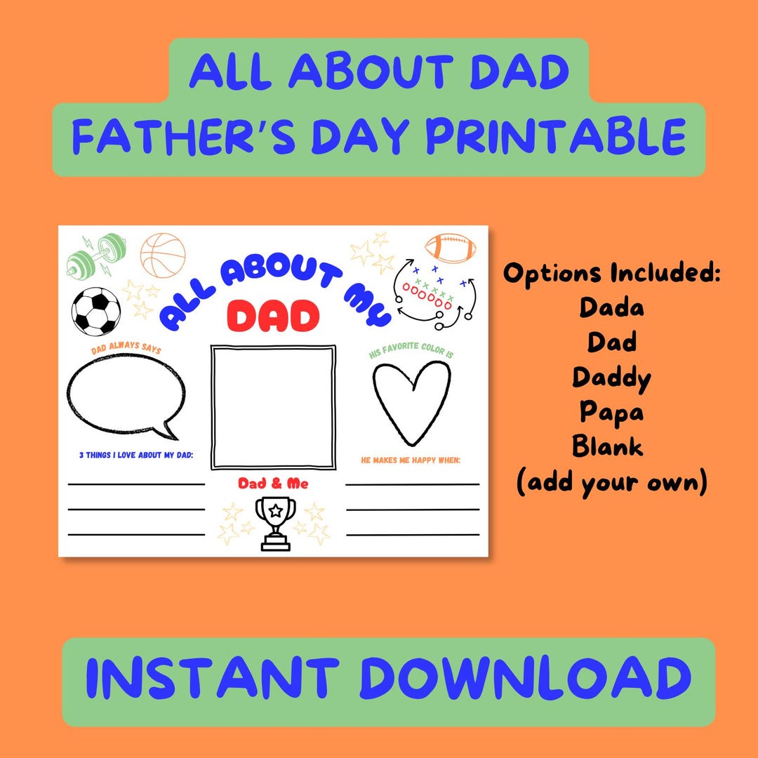 Fathers Day Printable, All About Dad Printable, Dad Question Printable ...