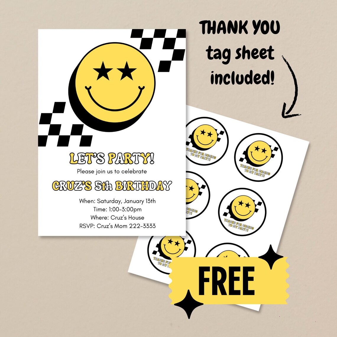 Smiley Face Editable Birthday Party Invitation Template, Checkered ...
