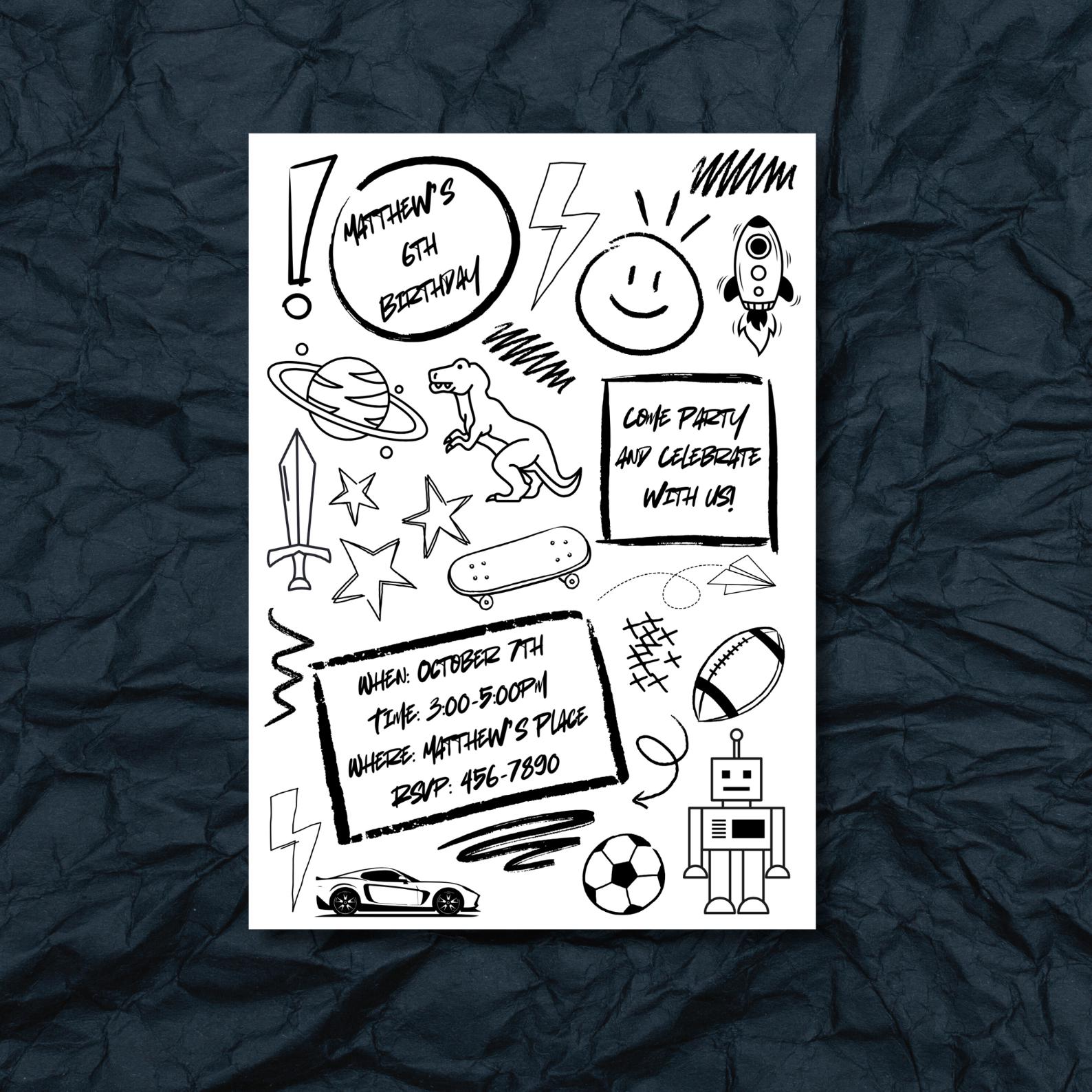 Tween Birthday Party Invitation: Boys Doodle Art (digital Download) - Etsy