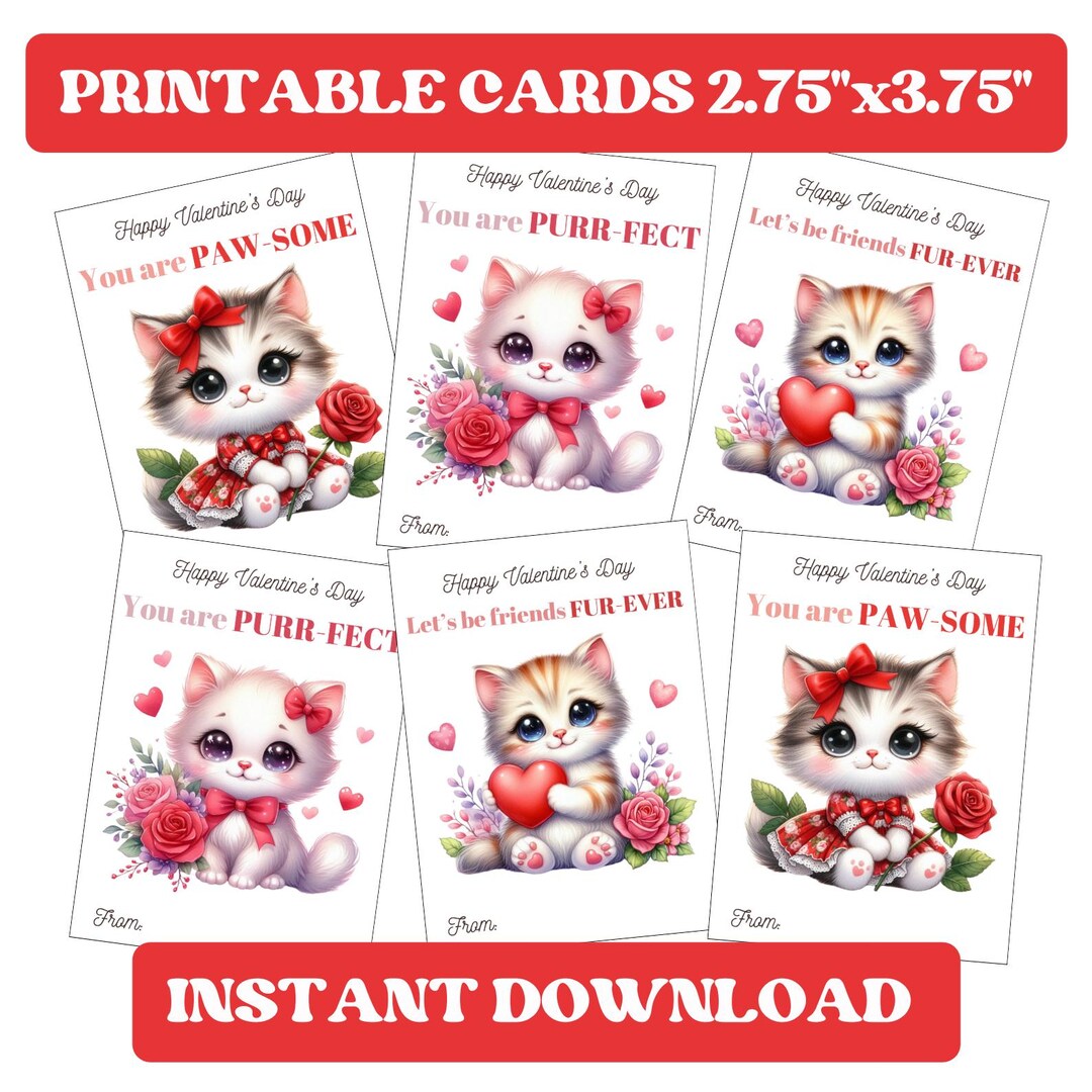 Kitten Valentine Cards Printable, Kitty Cat Valentine Cards, Purrfect ...