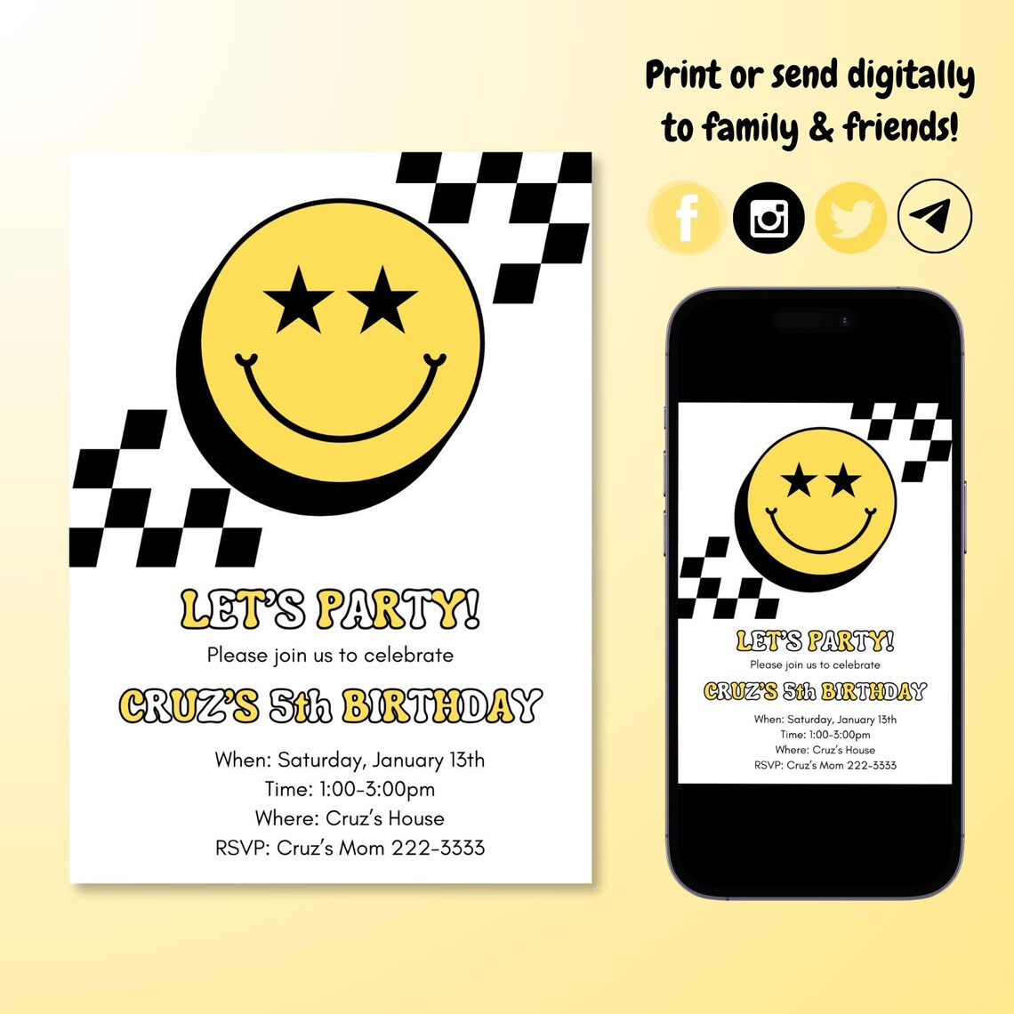 Smiley Face Editable Birthday Party Invitation Template, Checkered ...