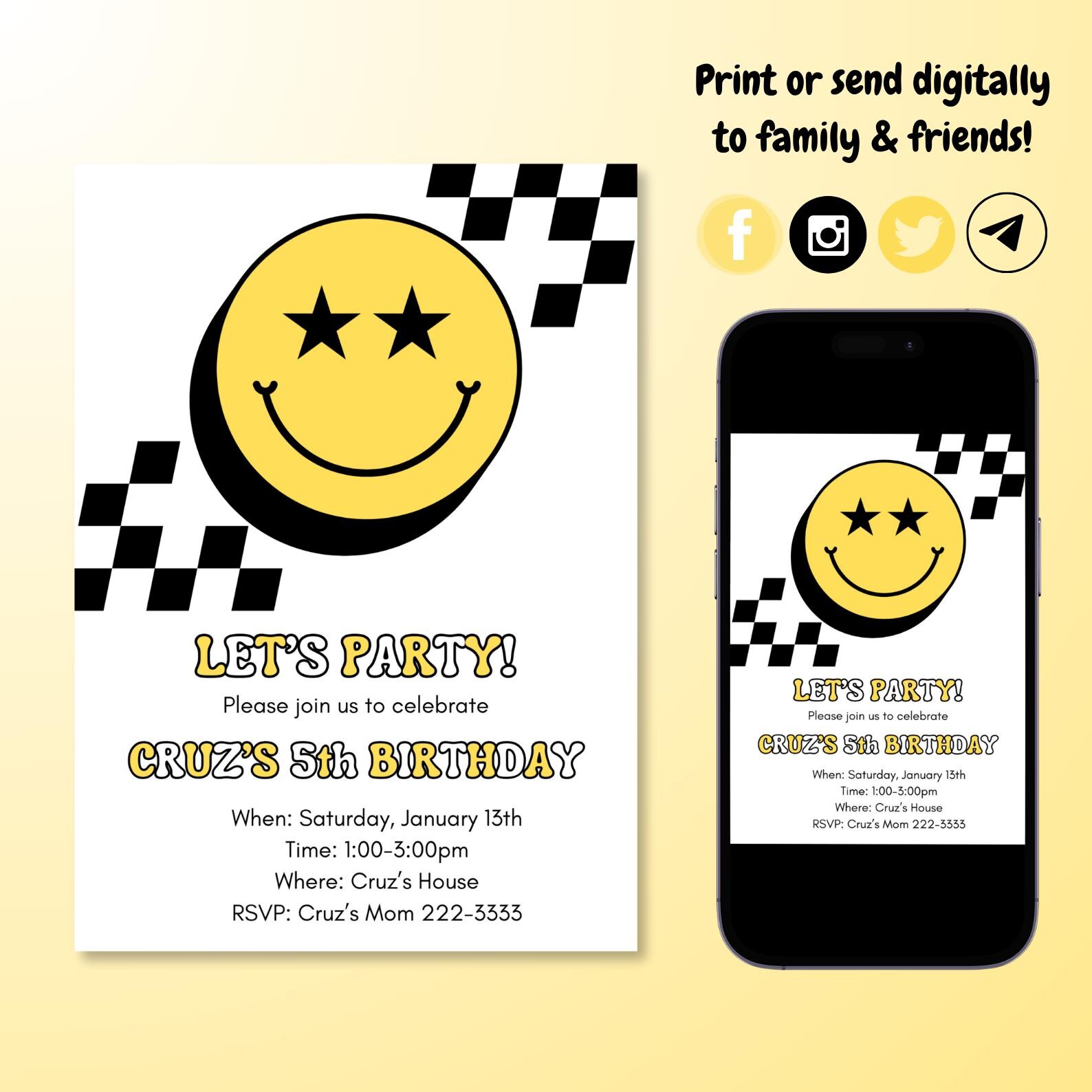 Smiley Face Editable Birthday Party Invitation Template, Checkered ...