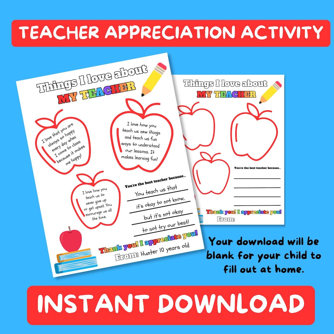 I Love My Teacher Printable, Teacher Appreciation DIY, Kids Teacher ...