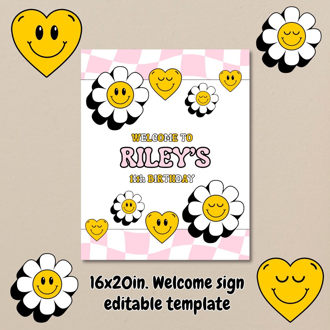 Editable Smile Daisy Welcome Sign Smiley Face Birthday Welcome Sign ...
