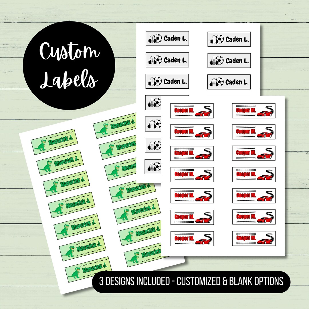 Personalized Name Label Stickers: Dinosaur, Car, Sports, Boys Tags ...