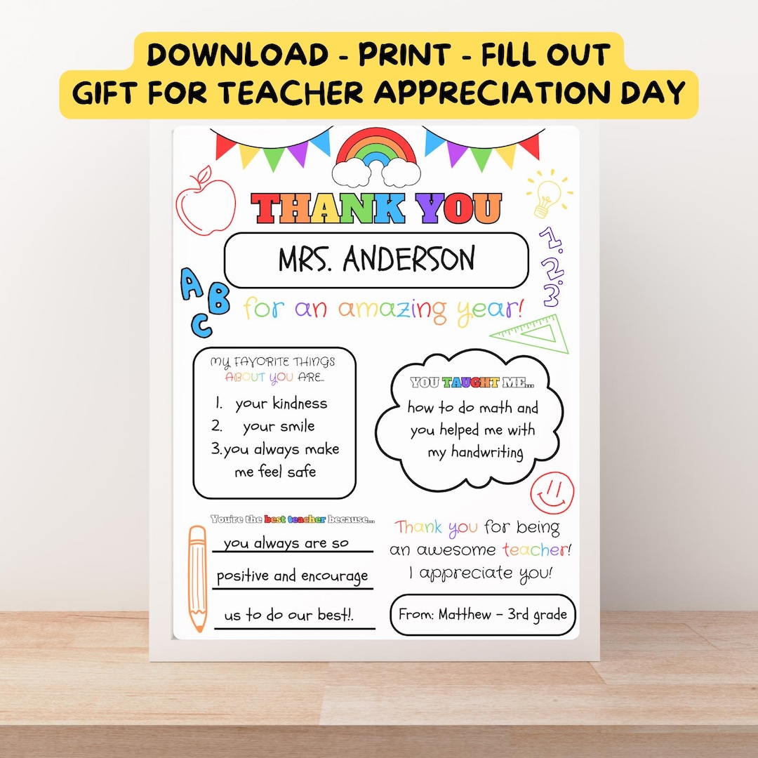 Teacher Appreciation Printable: About My Teacher, Thank You Card (PDF ...
