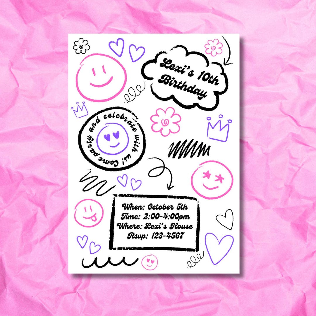 Tween Girl Birthday Party Invitation: Custom Doodle Art Invite (digital ...