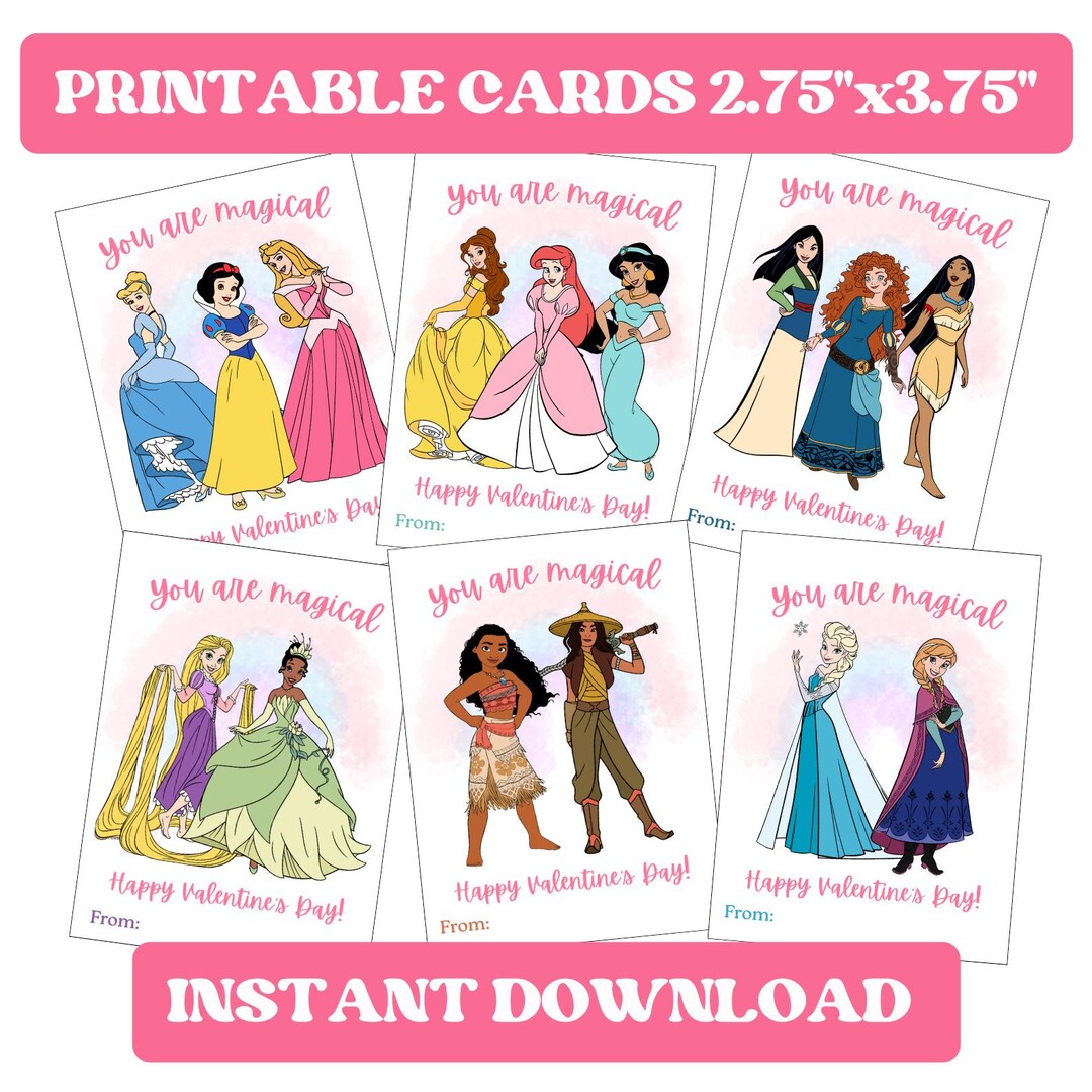 Princess Girls Valentine Cards, Printable Digital Valentines (instant ...