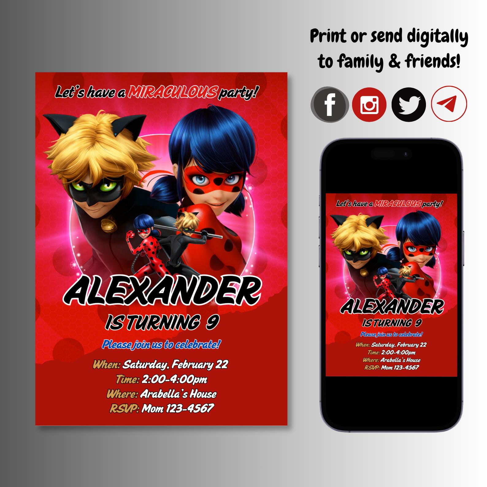 Miraculous Invitation, Miraculous Ladybug Birthday Editable Invite ...