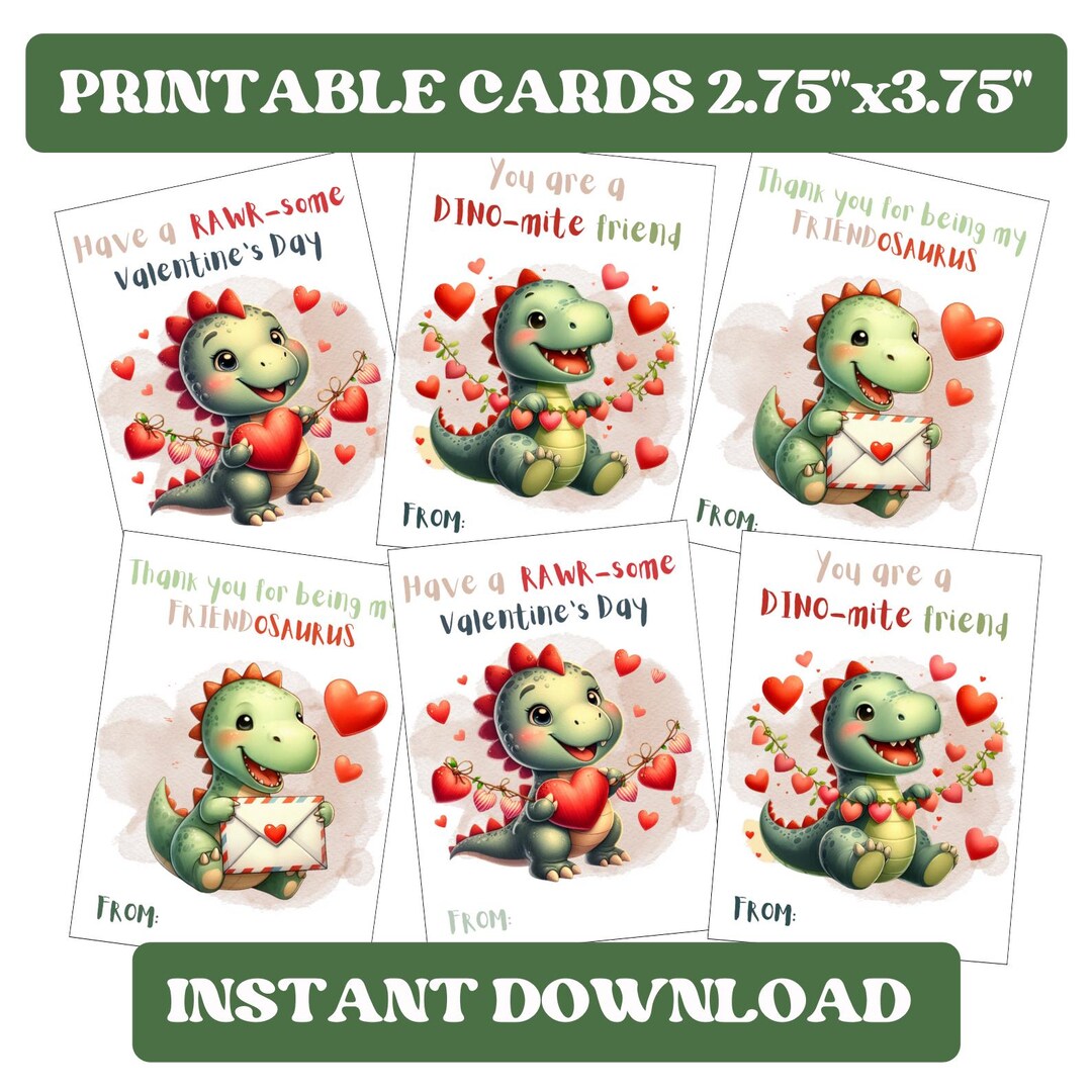 Dinosaur Valentine Cards Printable, Dino Valentines Kids, Kids ...