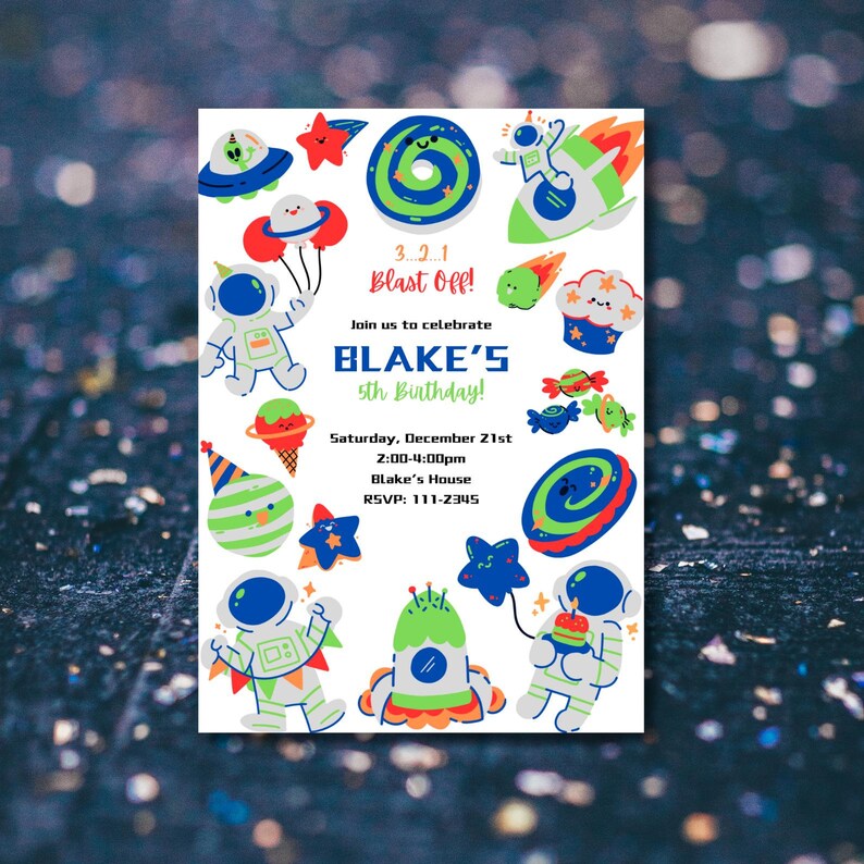 Space Birthday Invitation, Astronaut Outer Space Party Invite, 3 2 1 ...
