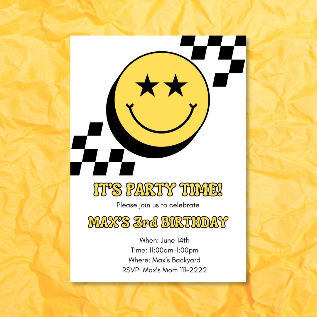 Smiley Face Birthday Invitation: Retro Checkered Party Invite (digital ...