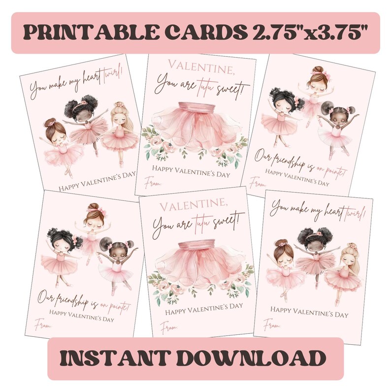 Ballet Valentine Cards Printable, Dancer Classroom Valentines Day Cards ...
