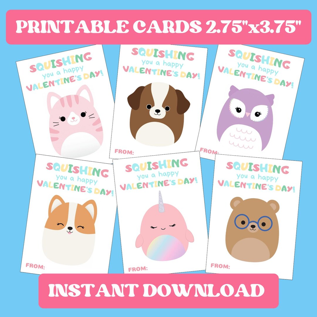 Squishy Animal Plush Printable School Valentine's Day Cards (instant ...