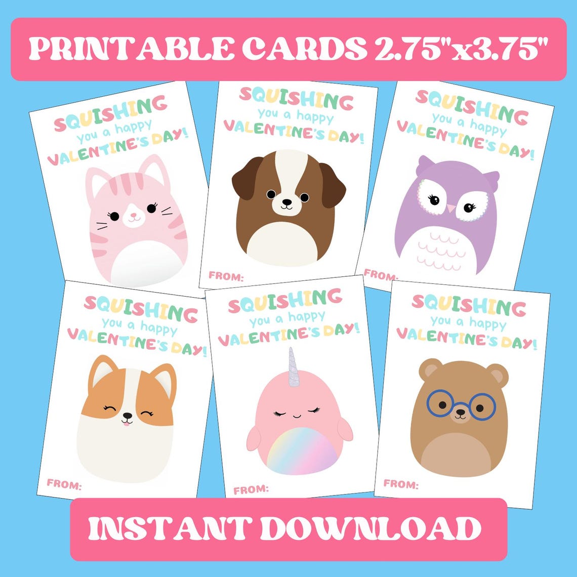 Squishy Animal Plush Printable School Valentine's Day Cards (instant ...