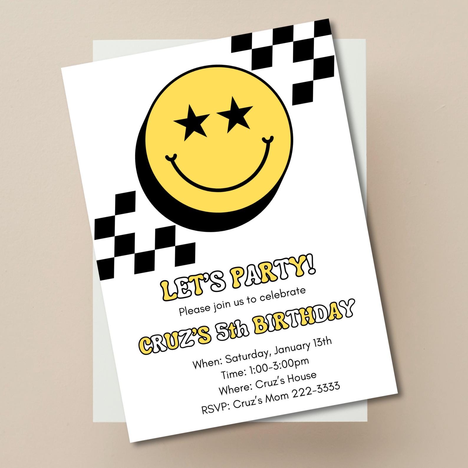 Smiley Face Editable Birthday Party Invitation Template, Checkered ...