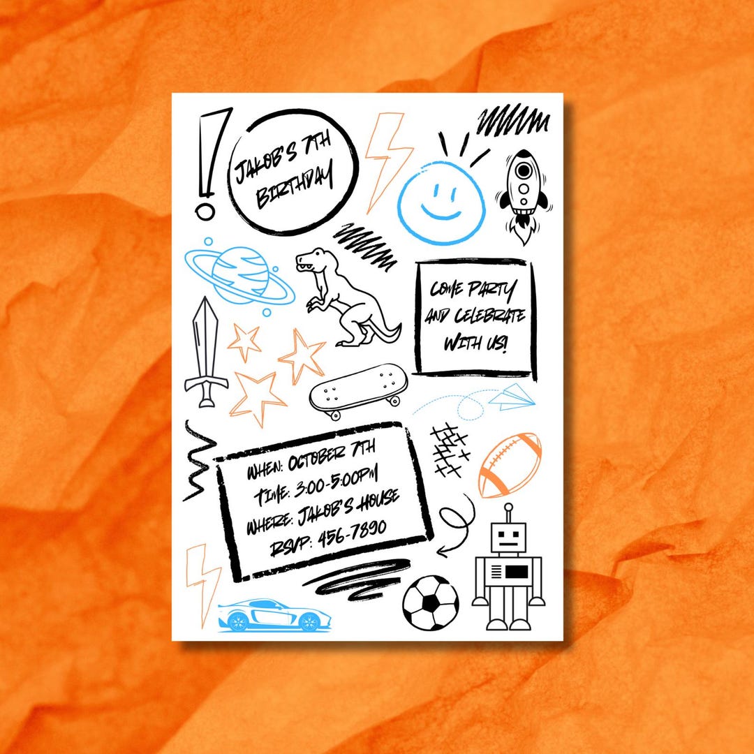Tween Birthday Party Invitation: Boys Doodle Art (digital Download) - Etsy