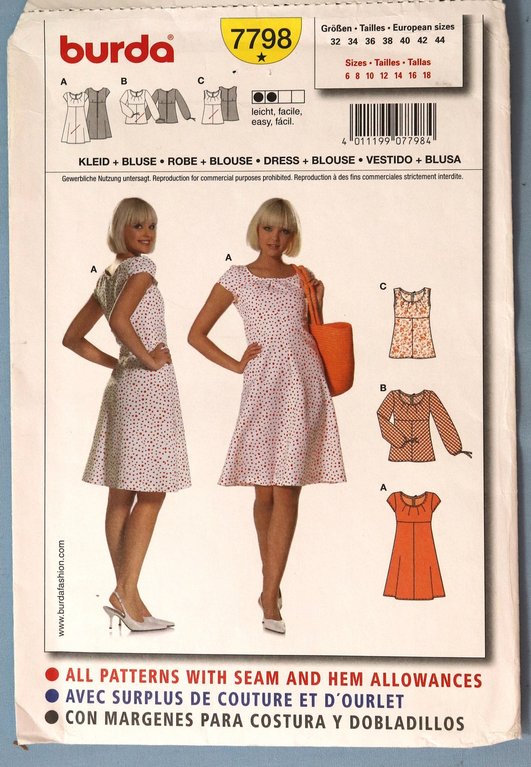 Burda 7798. Misses Dress and Blouse Pattern. A Lined Dress and Blouse ...