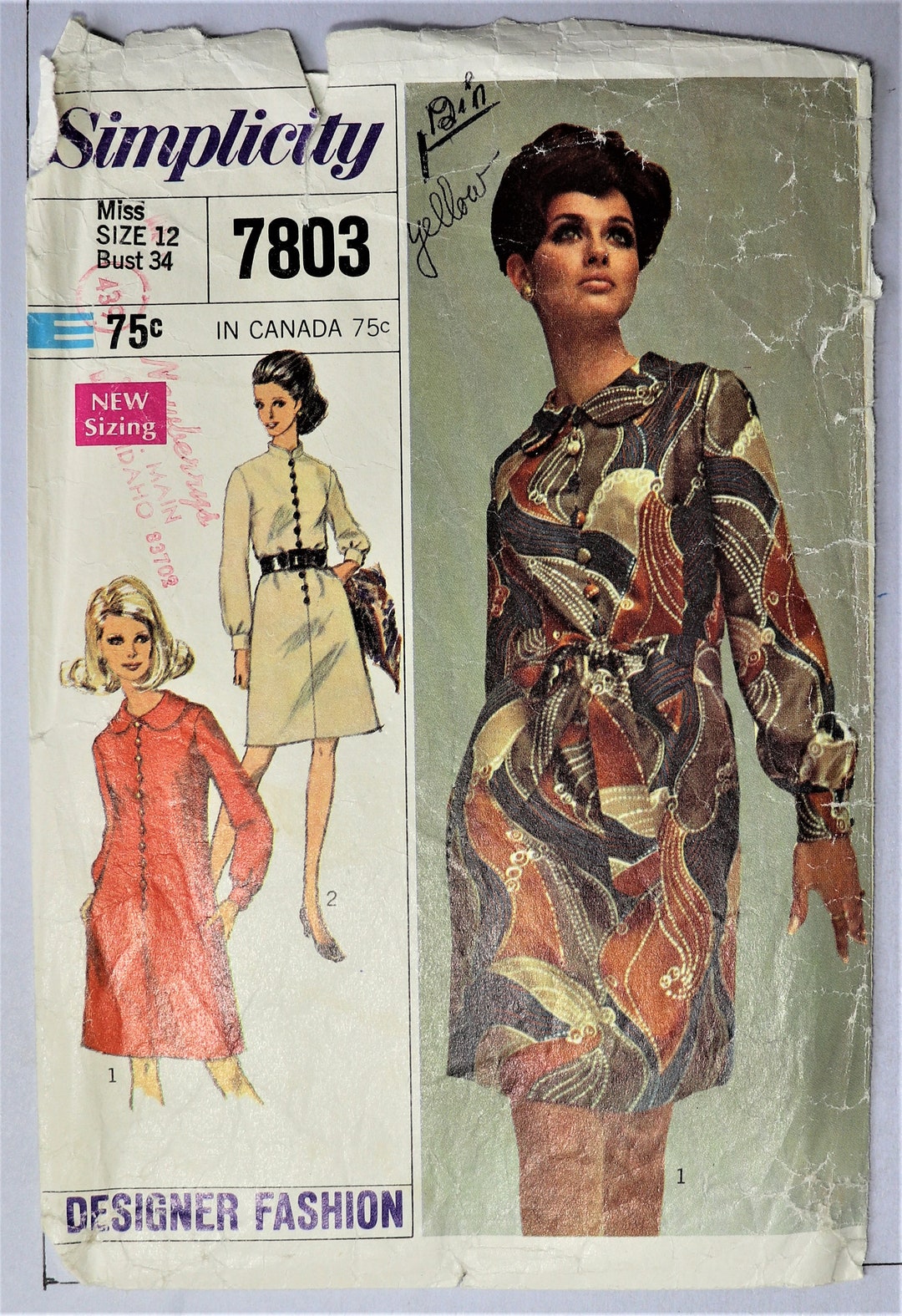Simplicity 7803. Vintage 1966 Dress Pattern. designer Fashion A Line ...