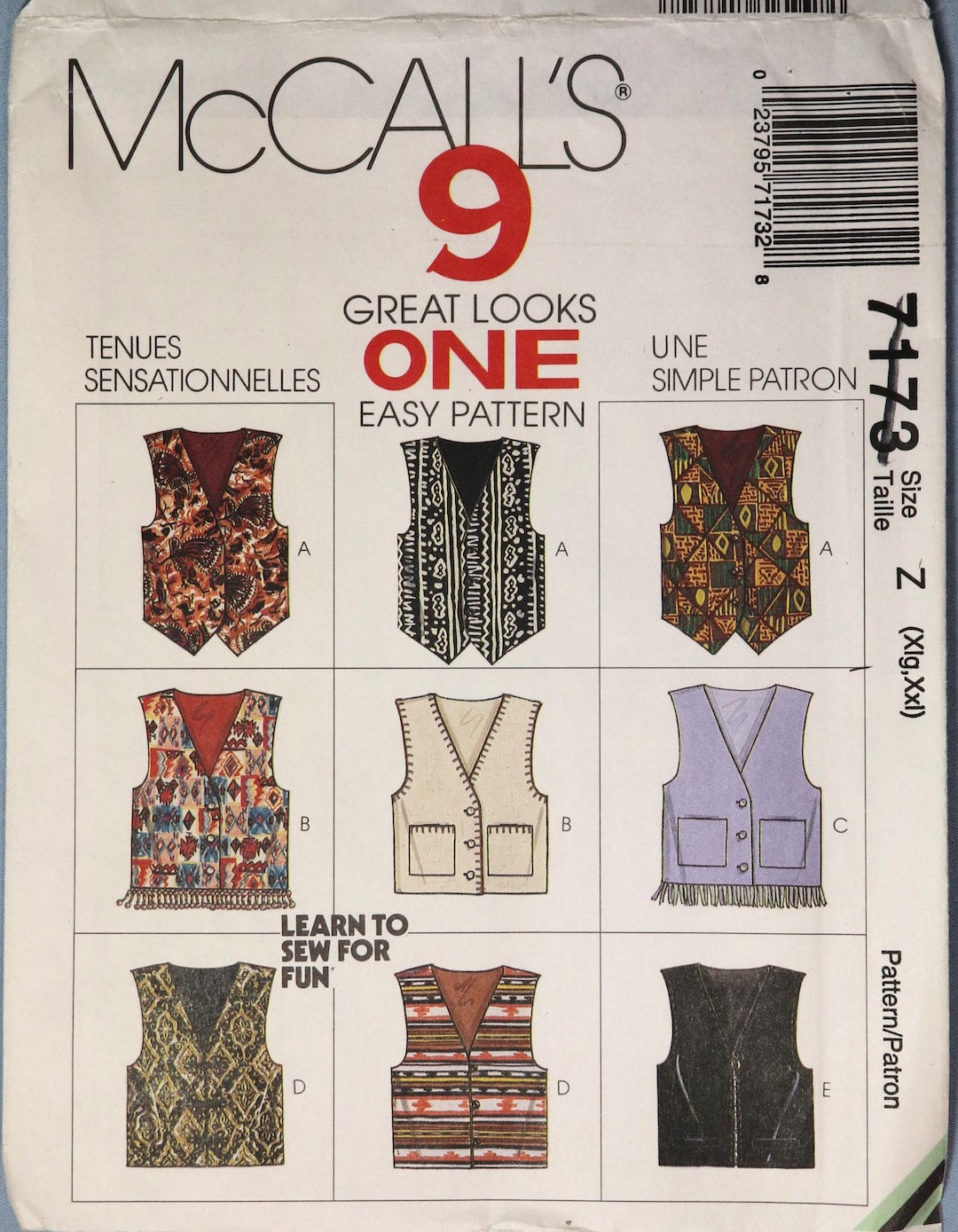 Mccall's 7173. Vest Pattern. Men/women Easy Sew Classic Vest, Fringe ...
