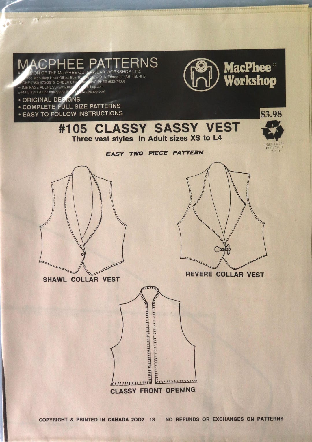Macphee 105 Vest Pattern. Vest Pattern. Misses/women's Classy Sassy Vest Pattern. Shawl Collar ...