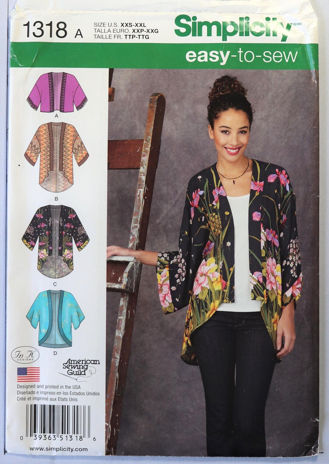 Simplicity 1318. Kimono Jacket Pattern. Loose Fit, Unlined Kimono Jacket Pattern. SZ XXS-XXL 4 ...