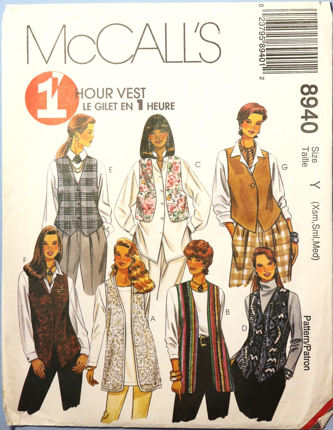 Mccall's 8940. Misses Vest Pattern. 1 Hour Vests Pattern. Easy Sew Unlined Vests Pattern. SZ Xs ...