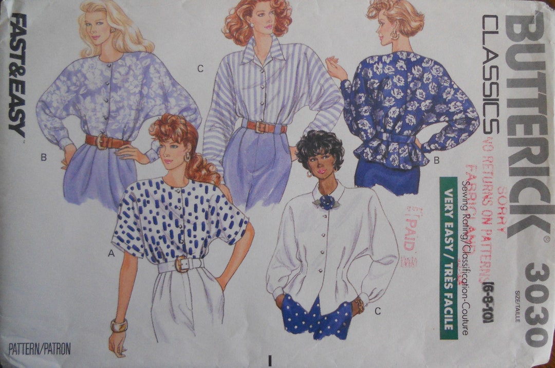 Butterick 3030. Misses Blouse Pattern. Vintage 1988 Looses Fit Waist ...