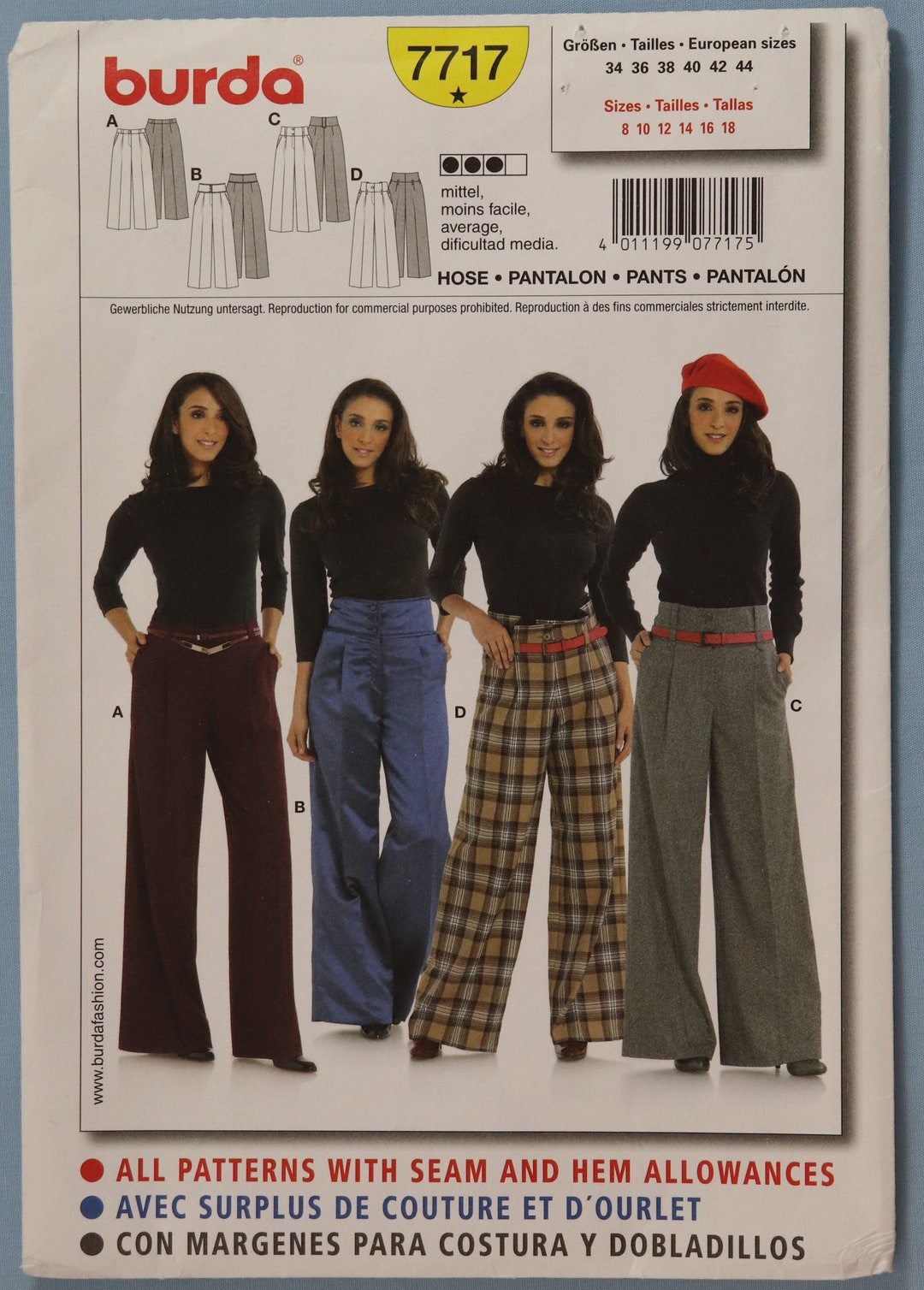 Burda 7717. Misses Pants Pattern. Flared Pants Pattern. Palazzo Pants ...