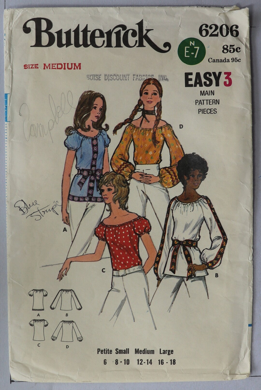Butterick 6206. Misses Peasant Tops Pattern. Vintage 1970's Boho Gypsy ...