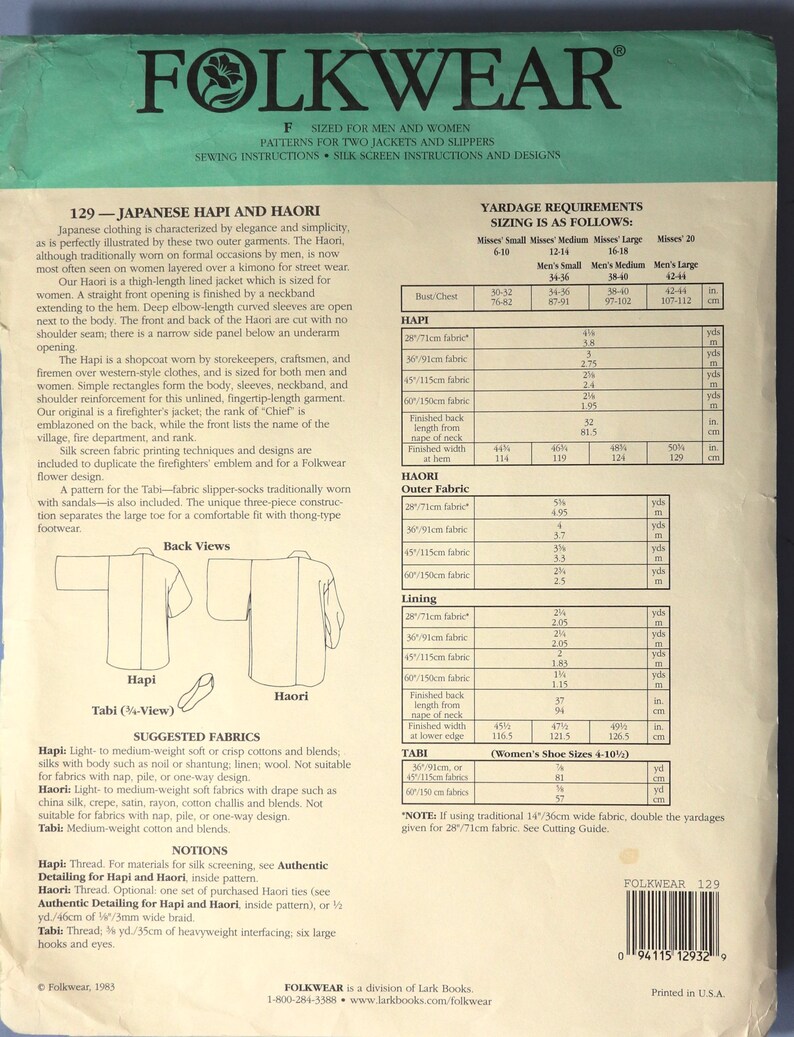 Folkwear 129 Pattern. Japanese Hapi and Hoari Pattern. Men/women Hapi ...