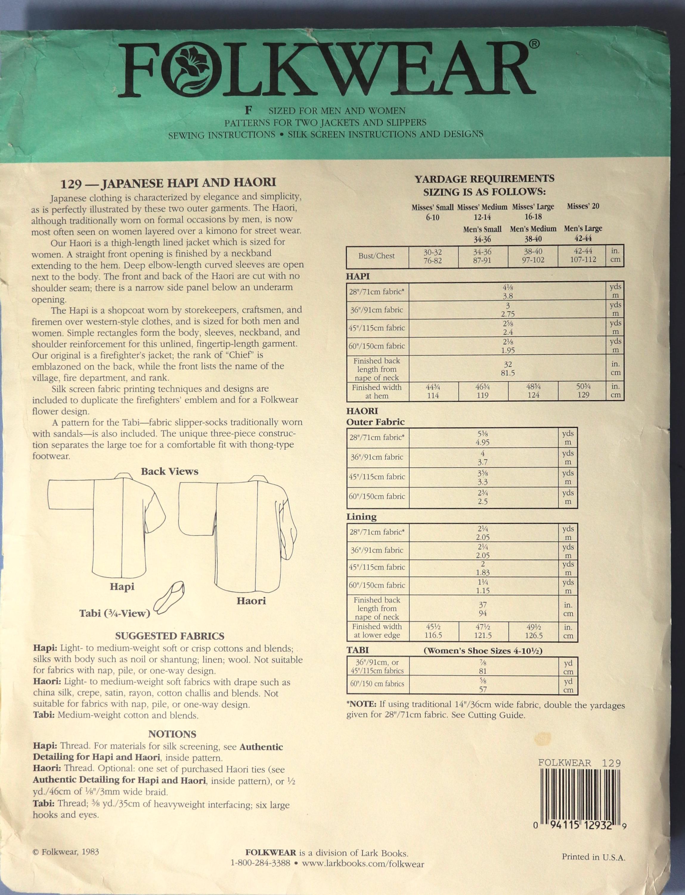 Folkwear 129 Pattern. Japanese Hapi and Hoari Pattern. Men/women Hapi ...